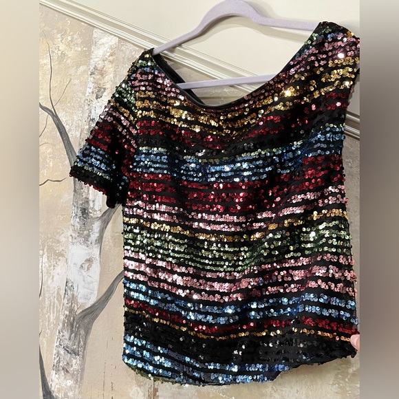 Tanya Taylor | Tops | Asymmetricalone Shoulderrainbow Stripesequins ...